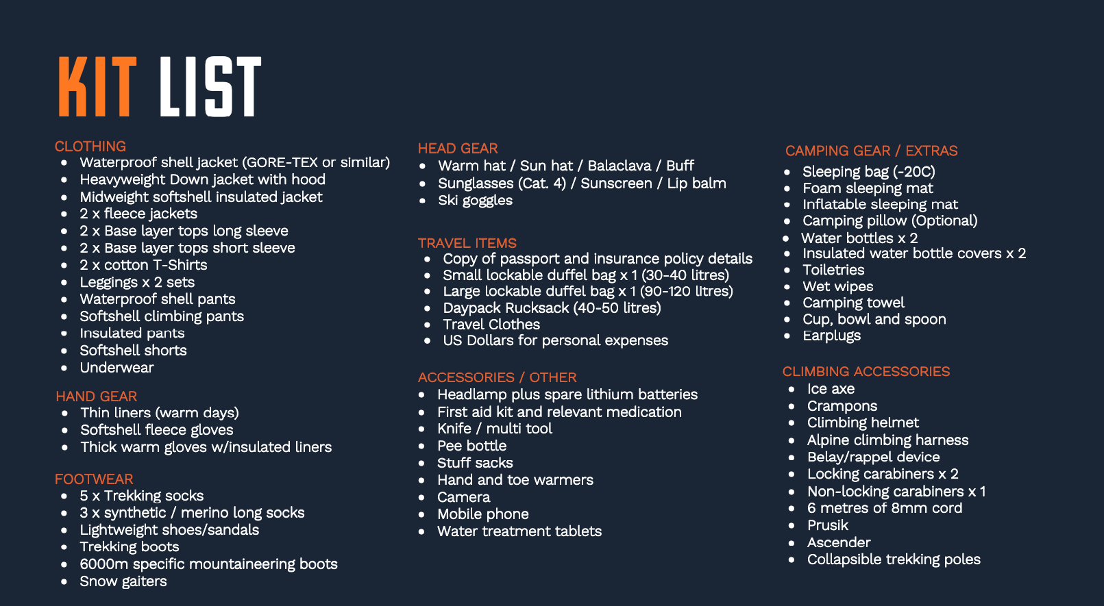 Island Peak Kit List - Adventure Base