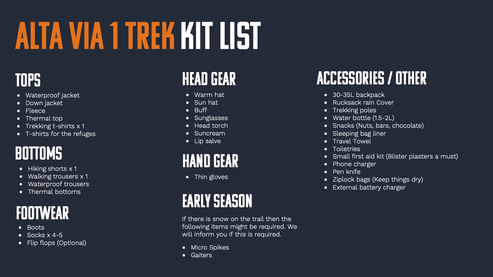 Alta Via 1 Trek Kit List - Adventure Base